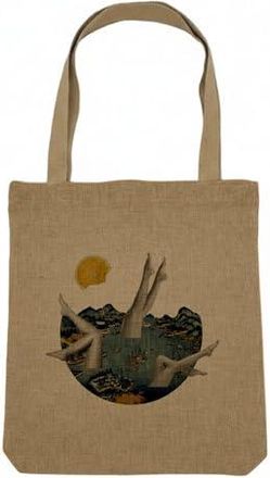 Fabulous Sac Shopping Tote Bag Aspect Lin - Sir&egrave;ne Japon Hokusai Estampe Collage Art Surr&eacute;alisme - Sac de Courses Toile Epaisse 360g Beige Naturel Cabas Port&eacute; 