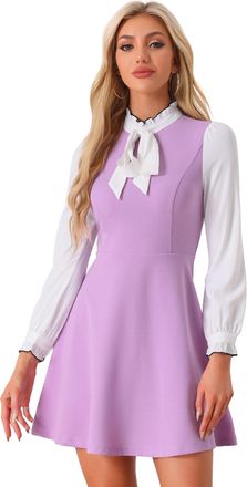 Allegra K Damen Kleid Langarm Puff&auml;rmeln R&uuml;schenkragen Vintage Schleife Minikleid Helles Lila M