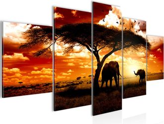 Runa Art Wandbilder Afrika Sonnenuntergang 5 Teilig Bild auf Vlies Leinwand Deko Wohnzimmer Schlafzimmer Elefant Savanne Orange 001552a