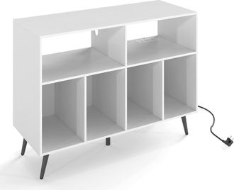 Giantex Plattenspielerständer, Beistellregal mit 2 offenen Ablagen & 4 Fächern, Bücherregal für Wohnzimmer & Schlafzimmer, 100 x 40 x 74,5 cm (mit Ladestation