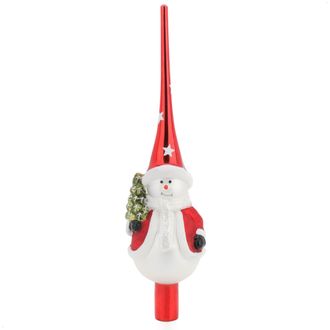 Com-Four Weihnachtsbaumspitze gl&auml;nzend - Christbaumspitze aus echtem Glas f&uuml;r Weihnachten - Tannenbaumspitze mit Schneemann (28cm - Schneemann Merry Red)