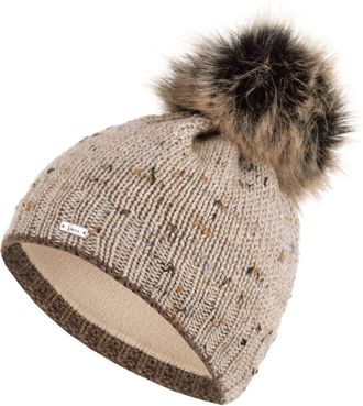 Faera M&uuml;tze Damen Winterm&uuml;tze warm gef&uuml;ttert mit Kunstfell Bommel-M&uuml;tze Fleecefutter Winter Strickm&uuml;tze Beanie 63, Farbe:Beige