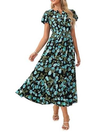 Grace Karin Robe maxi pour femme, manches courtes, lignes A, robe florale, col en V, taille &eacute;lastique, robe d&eacute;t&eacute;, noir/bleu, M