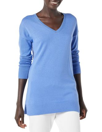 Amazon Essentials Damen Leichter Tunika-Pullover Mit Langen Ärmeln Und V-Ausschnitt (Erhältlich In Übergröße), Blau, XL