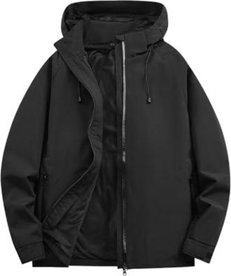 Generico Veste softshell avec capuche et fermeture éclair complète pour homme, couleur unie, manteau dextérieur avec poches pour randonnée, coupe-vent, Noir, S