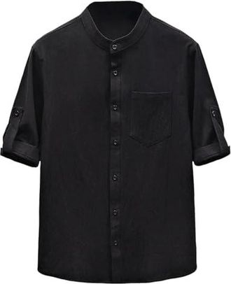 Generic Chemise d&eacute;t&eacute; &agrave; manches courtes respirante et d&eacute;contract&eacute;e pour homme, couleur unie, col montant, classique, l&eacute;g&egrave;re, boutonn&eacute;e, pour lext&eacute;rieur, la pla