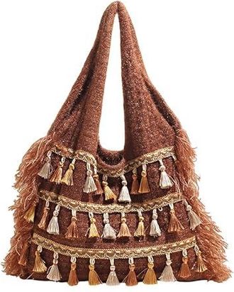 Generic Sac &agrave; bandouli&egrave;re en tricot &agrave; pompons style ethnique boh&egrave;me pour femme, travail, shopping, voyage, quotidien, marron clair, 370*20*300mm
