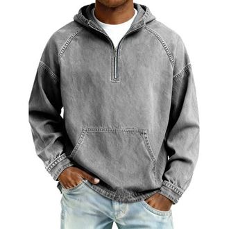 Generic Pull Homme Vintage Zip Quarter Effet D&eacute;lav&eacute; - Haut Oversized Couleurs Lav&eacute;es Col Montant D&eacute;contract&eacute; Casual, Automne Hiver Tendance(Grey, XXXXL)