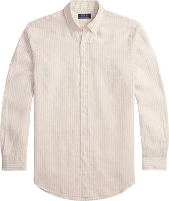 Polo Ralph Lauren Homme, Chemises, Beige, Taille: XL Chemise Sport Tiss&eacute;e &agrave; Rayures en Lin