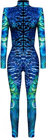 Ocean Plus Damen Halloween Skelett Digitaldruck Overall Schmal Geschnittene Lang&auml;rmlige Einteilige Strumpfhose Jumpsuit (XL, Pfauenmuster)
