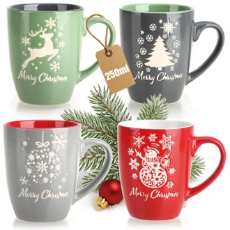Com-Four 4x Kaffeebecher aus Keramik - Kaffee-Tasse in modernem weihnachtlichem Design - Kaffeepott f&uuml;r Kalt- und Hei&szlig;getr&auml;nke - bunte Henkeltassen 250 ml (rot