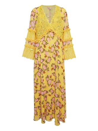 Giambattista Valli robe mi-longue en dentelle à fleurs - Jaune