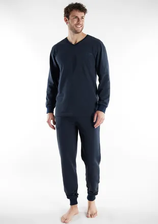 Tom Tailor Schlafanzug TOM TAILOR Milos, Herren, Gr. 58 (XXXL), blau (blau, dunkel, uni), Obermaterial: 100% Baumwolle, unifarben, normal, V-Ausschnitt, Rippb&uuml;nd
