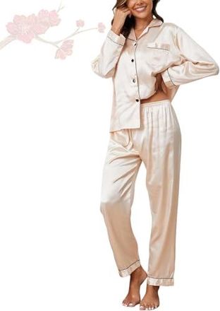 Generic Pyjama 2 pièces en soie pour femme, vêtement de nuit doux boutonné, ensemble de pyjama en satin pour femme, champagne, XXL