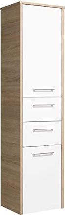PELIPAL Badezimmerschrank Quickset 382 in Weiß Hochglanz/ Eiche Natur quer Nachbildung, 40 cm breit | Halbhoher Midischrank mit 2 Türen, 2 Schubkästen und 3 E