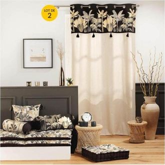 Douceur d'Intérieur Douceur Dintérieur - Lot de 2 rideaux Karaba - 140 x 240 cm, Coton Uni avec Top Imprimé et Pompons
