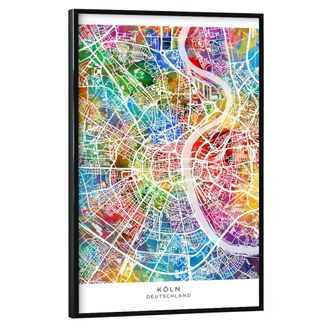 artboxONE Poster mit schwarzem Rahmen 60x40 cm St&auml;dte K&ouml;ln Deutschland Stadtplan Farbe - Bild k&ouml;ln Deutschland Karte