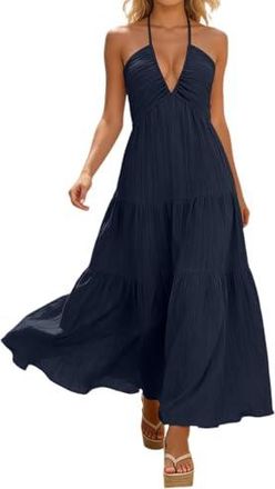 Generico Robe mi-longue d&eacute;t&eacute; d&eacute;contract&eacute;e en coton avec fines bretelles et col en V sans manches avec col dos nu et ourlet &agrave; volants, B Bleu, XX-Large