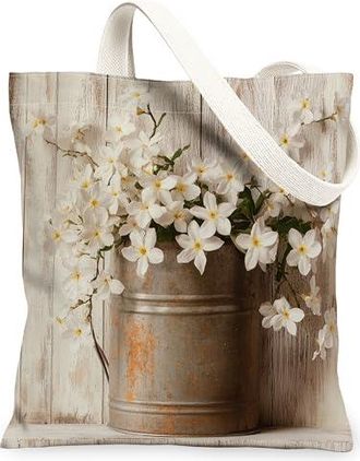 Generic Sac fourre-tout en toile avec motif floral de jasmin printanier, 33 x 38,1 cm, sac d&eacute;picerie r&eacute;utilisable pour femme, peinture esth&eacute;tique en bois, d&eacute;c