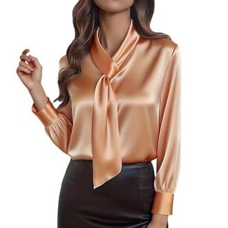 Generic Chemisier en satin pour femme - &Eacute;l&eacute;gant - Manches bouffantes - Col nou&eacute; - Manches longues - Drap&eacute; - Tendance - Printemps - Affaires - D&eacute;contract&eacute; - Bu
