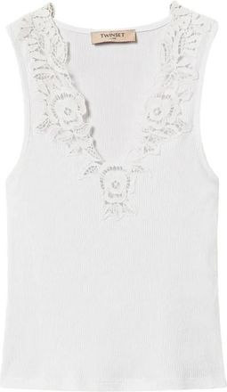 Twinset Femme, Tops, Blanc, Taille: 38 FR Canotta pizzo lavorazione in maglia a coste scollo a V
