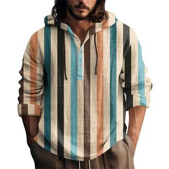 Generic Sweat &agrave; capuche ray&eacute; pour homme, chandail &agrave; manches longues avec cordon de serrage, chemises de vacances &agrave; rayures verticales, chemise &agrave; boutons impri