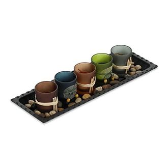 Relaxdays Porte-Bougies lot, Plateau et Pierres, 38,5 cm, d&eacute;coration Table Salon, Salle &agrave; Manger, bougeoir, Multicolore