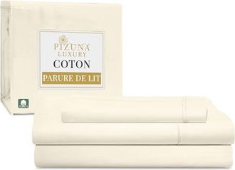 Pizuna Coton Luxueux Parure de Lit 90x200 cm Nouveau Ivoire, Tissu de Satin de Coton &agrave; 800 Fils au Pouce carr&eacute; Comprend 1 Drap Housse, 1 Drap Plat, 1 Taie do