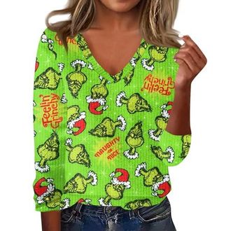 Generic Le Grinch Tshirt Noel Femme Pull Moche Noël Col V Femmes Christmas Pyjama Costume The Grinch Vetement De Polaire Adulte Noel T-Shirts Drole Hiver Pull