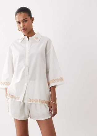 SNDYS Chemise densemble oversize en lin et coton avec bordures orn&eacute;es dappliqu&eacute;s fleuris - Blanc