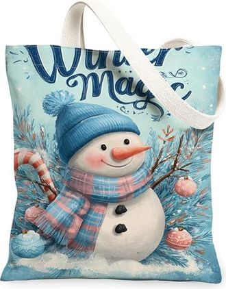 Generic Sacs fourre-tout en toile motif bonhomme de neige dhiver, sacs d&eacute;picerie r&eacute;utilisables, l&eacute;gers et lavables avec bandouli&egrave;re pour voyage, shopping, piq