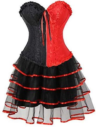 Grebrafan Corset Zip et Jupe Tulle Femme Ensemble Bustier Burlesque(EUR(34-36) M, Rouge Noir)