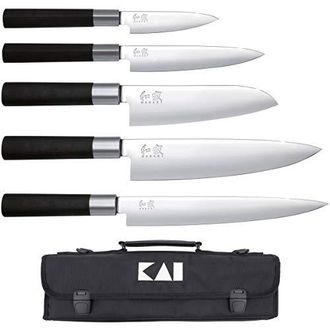 Kai Wasabi Black Ensemble de Sacs de Couteaux - Couteau Utilitaire 10 cm et 15 cm, Santoku 16,5 cm, Couteau de Chef 20 cm, Couteau à Jambon 23 cm - Acier 