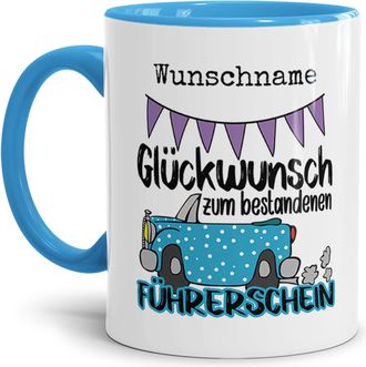 Tassendruck Tasse mit Name Personalisieren - Glückwunsch zum Führerschein - Tassen Bedrucken, Führerscheinprüfung bestanden | Personalisiertes Geschenk, 300ml, In