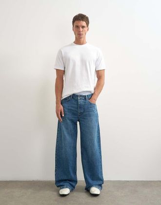 Topman jean coupe baggy rigide d&eacute;lavage moyen-Bleu