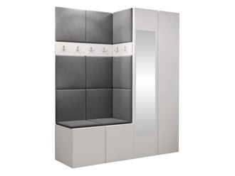 Mirjan24 Garderoben-Set Monati XII, Kleiderschrank mit Spiegel, Schuhschrank, 2X Kleiderhakenbrett, Gepolstertes Paneel/Wandpaneel, 6 Doppelhaken, Flurgarderob