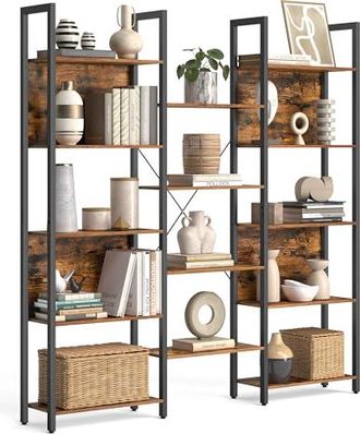 Vasagle Bibliothèque, Étagère de Rangement, avec 14 Étagères, Cadre en Métal, Salon, Bureau, Style Industriel, 24 x 158 x 166 cm, Marron Rustique et Noir LLS1