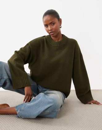 Gina Tricot Gina Tricot Strickpullover mit Rundhalsausschnitt und weiten &Auml;rmeln in Waldgr&uuml;n