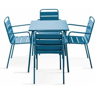 Oviala Ensemble table de jardin carr&eacute;e et 4 fauteuils acier bleu pacific - Palavas