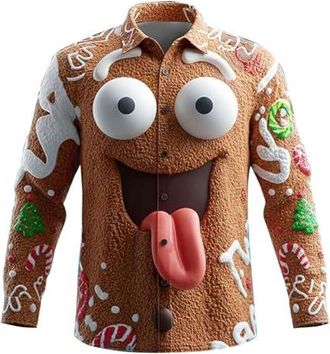 Generic Chemise de Noël amusante avec flocons de neige et rennes imprimés à manches longues pour homme - Chemisier à revers boutonné - Vêtements de Noël pour 