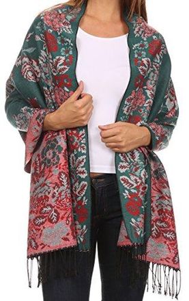 Sakkas CHS1810 Ontario Pashmina/Ch&acirc;le/P&egrave;lerine/&Eacute;tole Floral double couche avec bordure - 2-&Eacute;meraude - One Size
