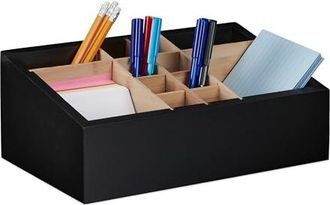 Relaxdays Schreibtisch Organizer, 12 F&auml;cher, verstellbar, Bambus & MDF, Badorganizer, HBT 12 x 30 x 18 cm, schwarz/Natur