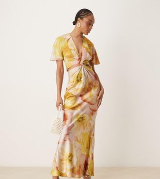 Asos Tall ASOS DESIGN Tall - Midikleid aus Satin in Goldgelb gebl&uuml;mt mit Cut-out und Knotendetail-Bunt