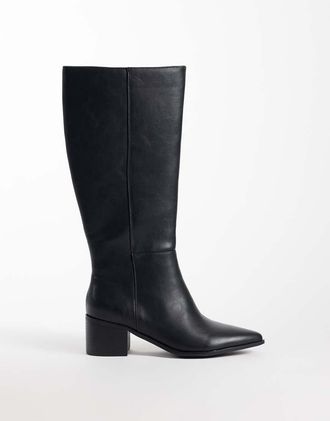 London Rebel Jessie raffinierte kniehohe Stiefel mit spitzer Spitze in Schwarz