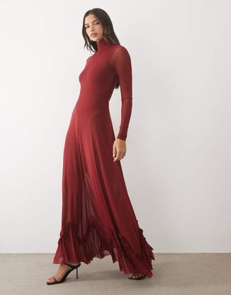AFRM Robe longue en tulle avec doublure body, dos nu et d&eacute;tail volant&eacute; &agrave; lourlet, bordeaux-Rouge