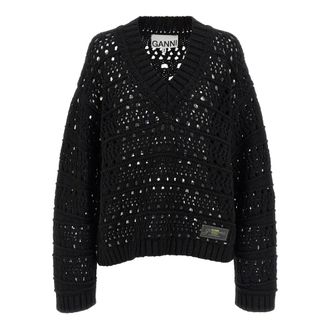 Ganni Geh&auml;kelter V-Ausschnittpullover - - Knitwear - Damen - Schwarzk - 2XS/XS