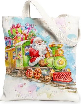 Generic Sacs fourre-tout en toile r&eacute;utilisables avec motif de train de No&euml;l, sacs color&eacute;s, l&eacute;gers et lavables avec bandouli&egrave;re pour le shopping, les voyages, 