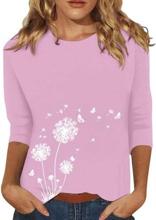 Generic Haut &agrave; manches longues imprim&eacute; pissenlit pour femme T-shirt d&eacute;contract&eacute; &agrave; manches 3/4 col en V T-shirt basique polyvalent confortable et doux pour sor