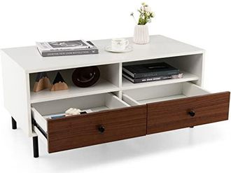 Giantex Table basse avec 2 tiroirs et &eacute;tag&egrave;res ouvertes, table basse &agrave; 2 niveaux avec plateau large et 5 pieds en m&eacute;tal, table moderne rectangulaire, 95 x 48 