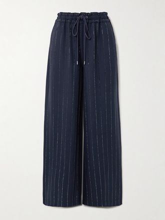 Self Portrait Hose Mit Weitem Bein Aus Cr&ecirc;pe Mit Nadelstreifen Und Kristallen - Blau